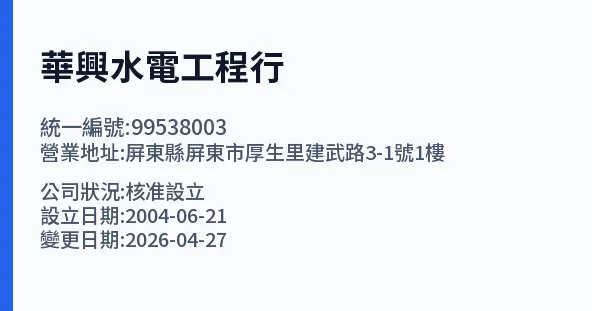 華興水電工程行的照片-統編 99538003(屏東縣) 公司登記資料與營業項目詳細圖表