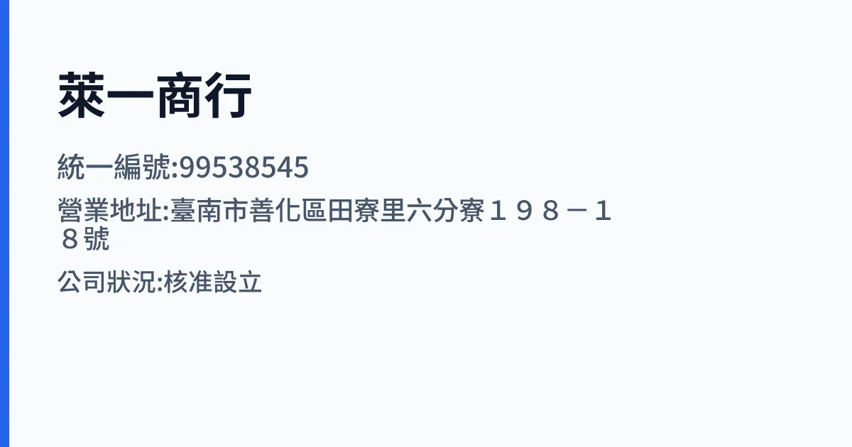 萊一商行 - 統編 99538545(臺南市) 公司登記資料與營業項目詳細圖表