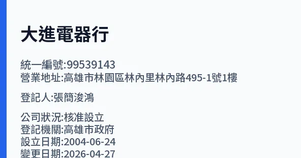 大進電器行的照片-統編 99539143(高雄市) 公司登記資料與營業項目詳細圖表