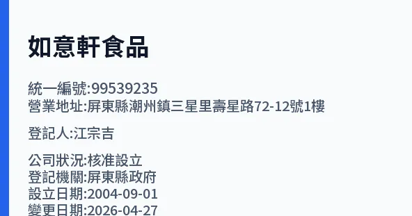 如意軒食品的照片-統編 99539235(屏東縣) 公司登記資料與營業項目詳細圖表