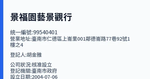 景福園藝景觀行的照片-統編 99540401(臺南市) 公司登記資料與營業項目詳細圖表