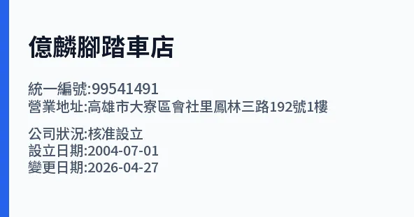 億麟腳踏車店的照片-統編 99541491(高雄市) 公司登記資料與營業項目詳細圖表