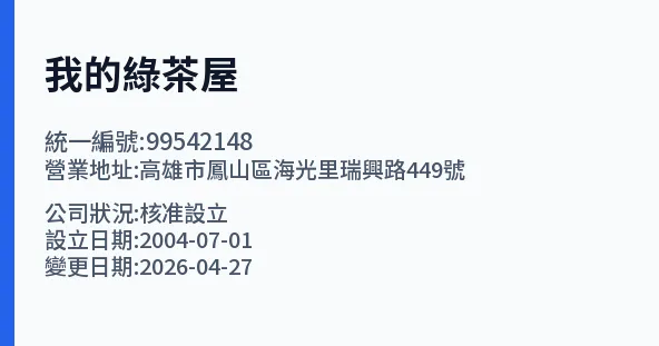 我的綠茶屋的照片-統編 99542148(高雄市) 公司登記資料與營業項目詳細圖表