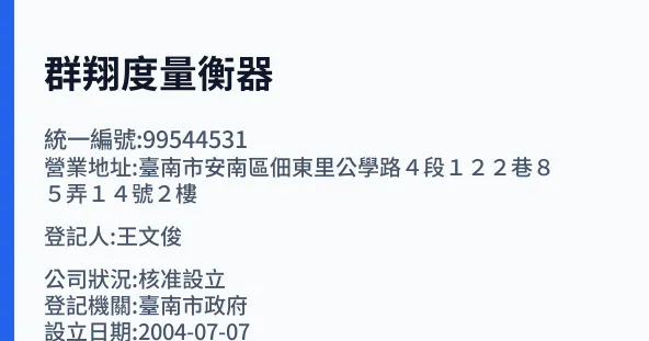 群翔度量衡器的照片-統編 99544531(臺南市) 公司登記資料與營業項目詳細圖表