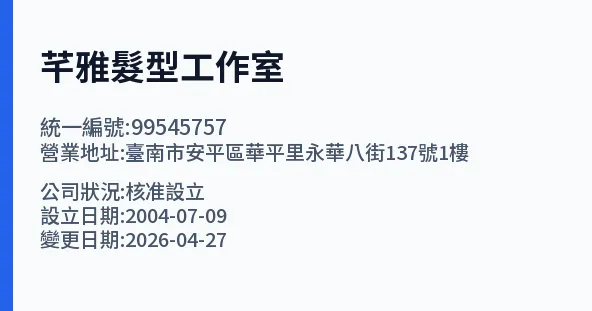 芊雅髮型工作室的照片-統編 99545757(臺南市) 公司登記資料與營業項目詳細圖表