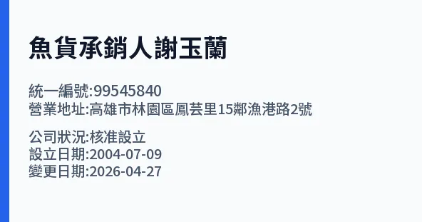 魚貨承銷人謝玉蘭的照片-統編 99545840(高雄市) 公司登記資料與營業項目詳細圖表
