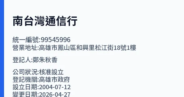 南台灣通信行的照片-統編 99545996(高雄市) 公司登記資料與營業項目詳細圖表