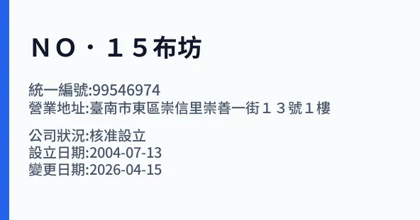 ＮＯ．１５布坊的照片-統編 99546974(臺南市) 公司登記資料與營業項目詳細圖表