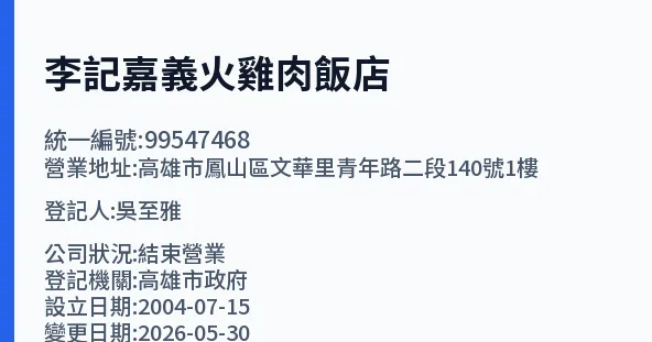 李記嘉義火雞肉飯店的照片-統編 99547468(高雄市) 公司登記資料與營業項目詳細圖表