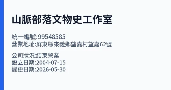 山脈部落文物史工作室的照片-統編 99548585(屏東縣) 公司登記資料與營業項目詳細圖表