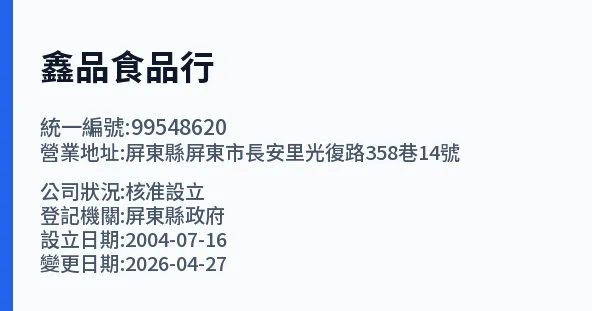 鑫品食品行的照片-統編 99548620(屏東縣) 公司登記資料與營業項目詳細圖表