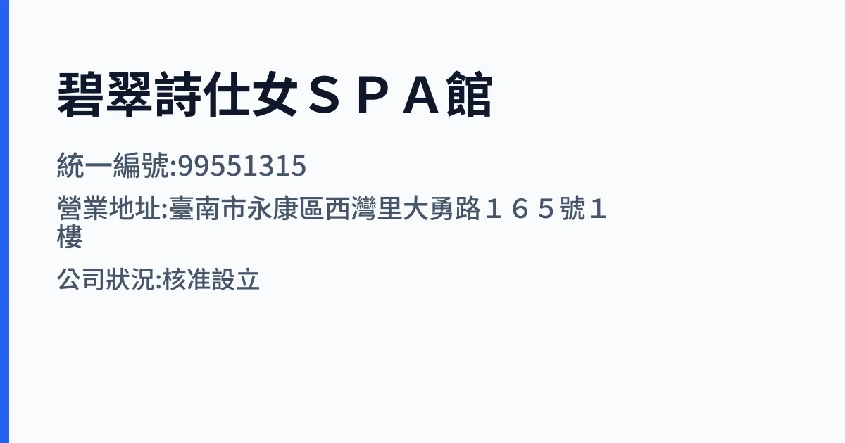 碧翠詩仕女ＳＰＡ館 - 統編 99551315(臺南市) 公司登記資料與營業項目詳細圖表