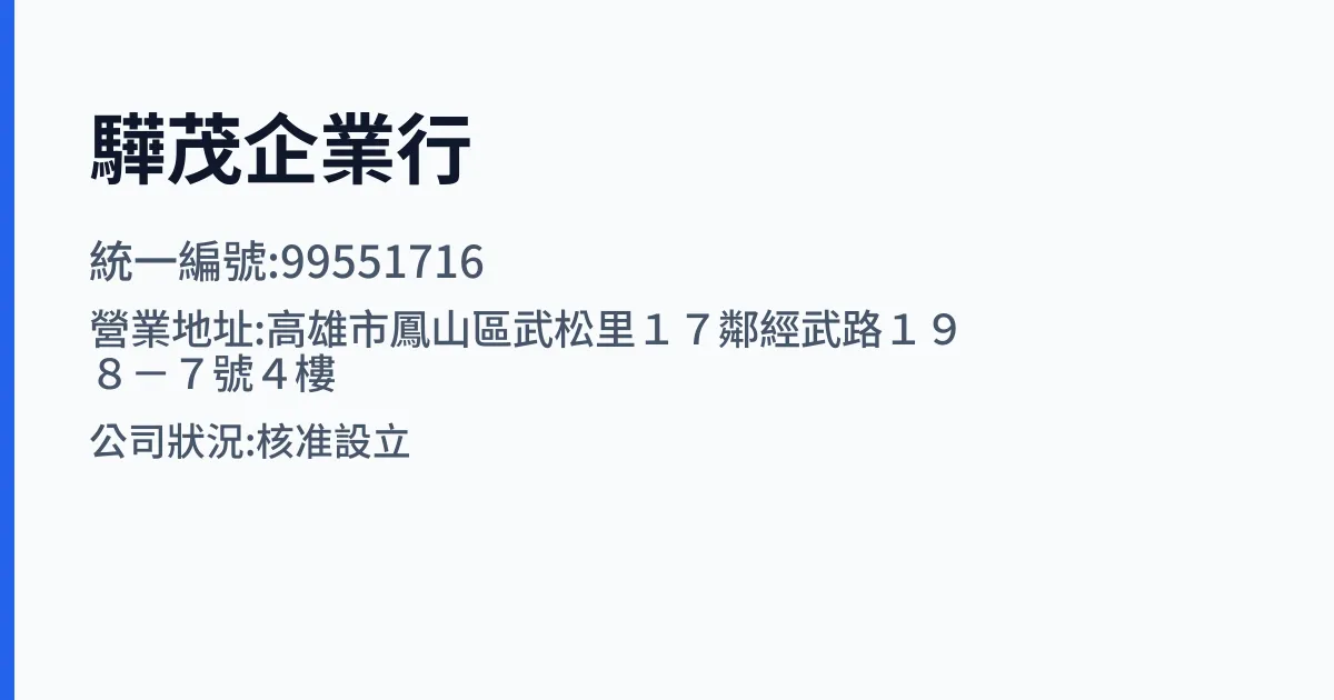 驊茂企業行 - 統編 99551716(高雄市) 公司登記資料與營業項目詳細圖表