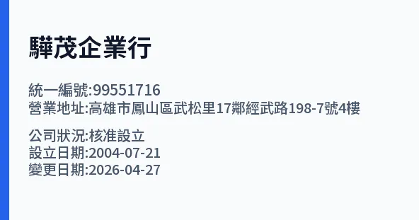 驊茂企業行的照片-統編 99551716(高雄市) 公司登記資料與營業項目詳細圖表