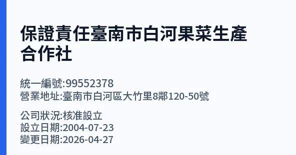 保證責任臺南市白河果菜生產合作社的照片-統編 99552378(臺南市) 公司登記資料與營業項目詳細圖表