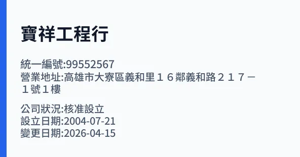 寶祥工程行的照片-統編 99552567(高雄市) 公司登記資料與營業項目詳細圖表