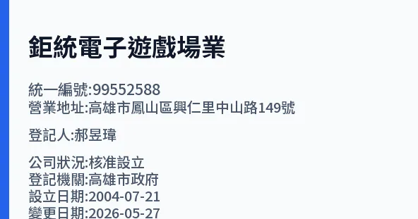 鉅統電子遊戲場業的照片-統編 99552588(高雄市) 公司登記資料與營業項目詳細圖表