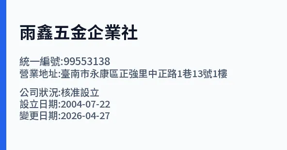 雨鑫五金企業社的照片-統編 99553138(臺南市) 公司登記資料與營業項目詳細圖表