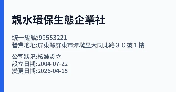 靚水環保生態企業社的照片-統編 99553221(屏東縣) 公司登記資料與營業項目詳細圖表