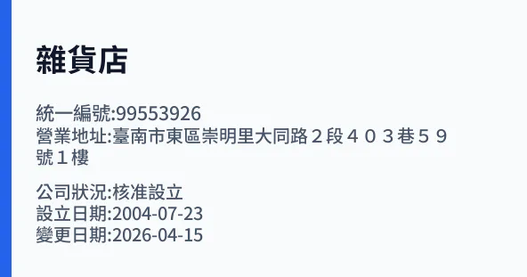 雜貨店的照片-統編 99553926(臺南市) 公司登記資料與營業項目詳細圖表