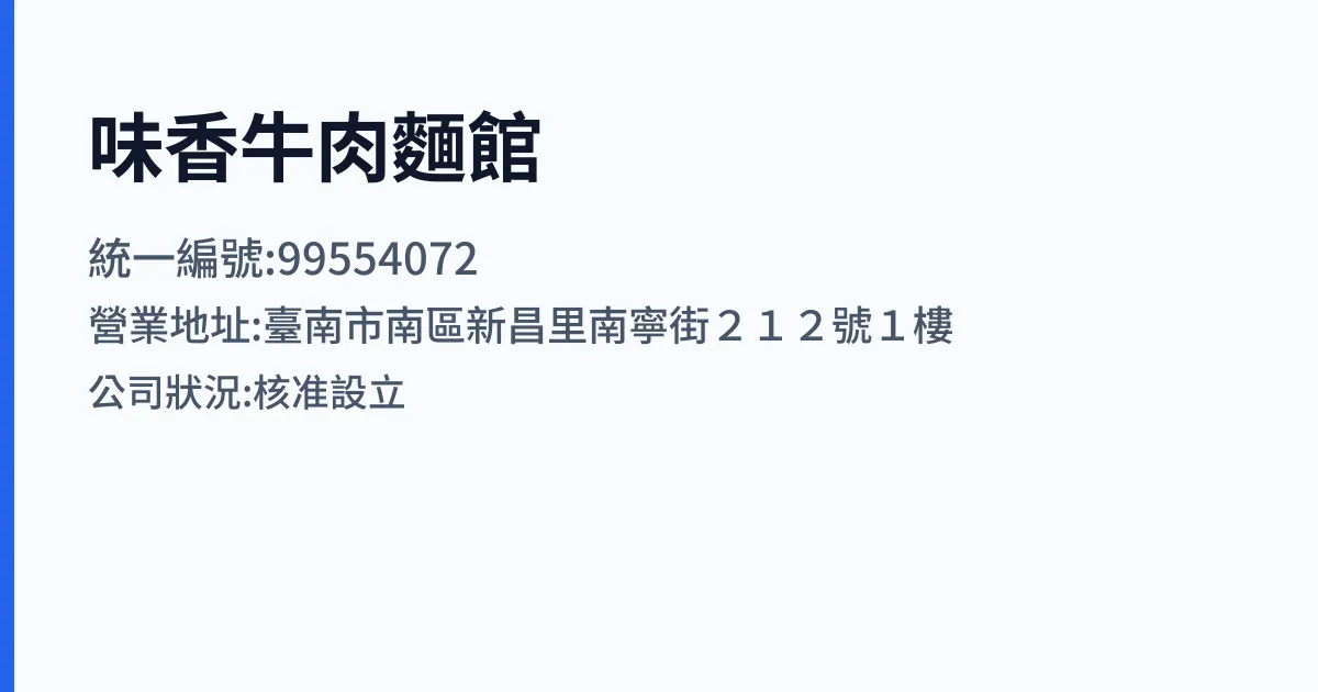 味香牛肉麵館 - 統編 99554072(臺南市) 公司登記資料與營業項目詳細圖表
