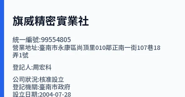 旗威精密實業社的照片-統編 99554805(臺南市) 公司登記資料與營業項目詳細圖表
