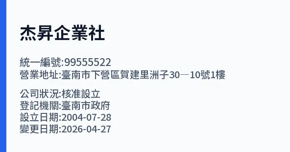 杰昇企業社的照片-統編 99555522(臺南市) 公司登記資料與營業項目詳細圖表