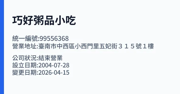 巧好粥品小吃的照片-統編 99556368(臺南市) 公司登記資料與營業項目詳細圖表