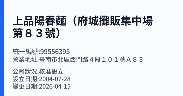 上品陽春麵（府城攤販集中場第８３號）的照片-統編 99556395(臺南市) 公司登記資料與營業項目詳細圖表