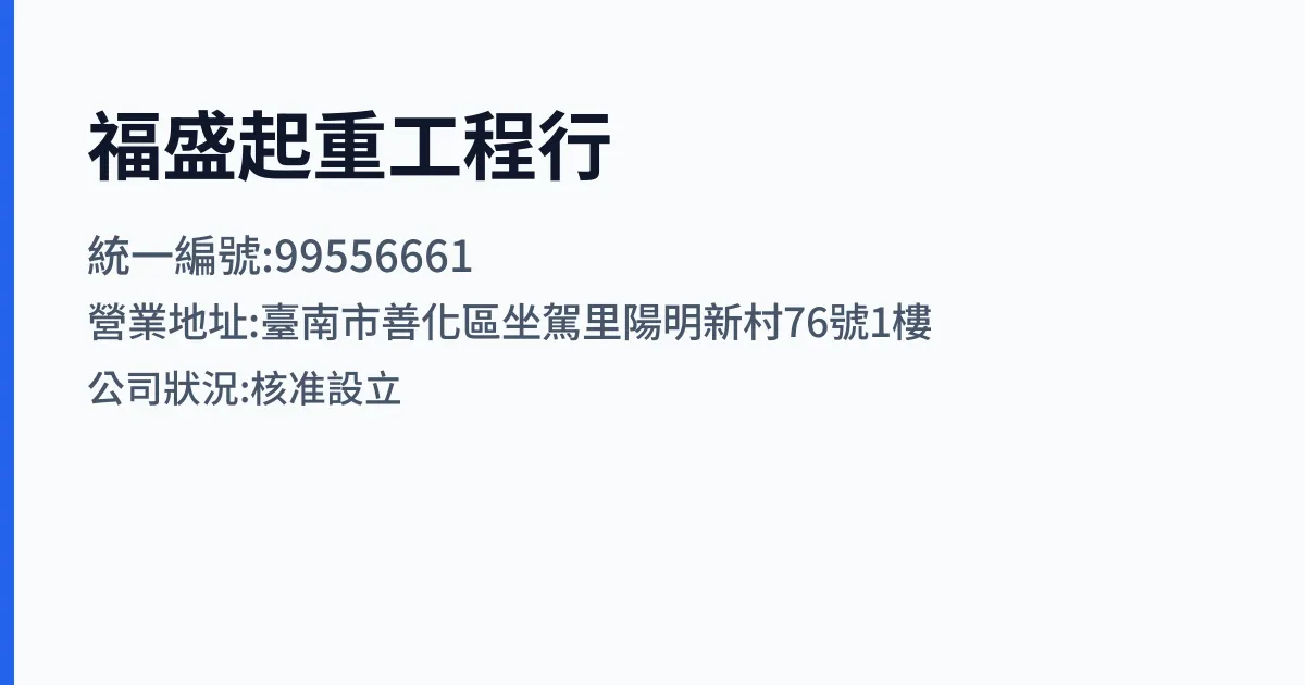 福盛起重工程行 - 統編 99556661(臺南市) 公司登記資料與營業項目詳細圖表