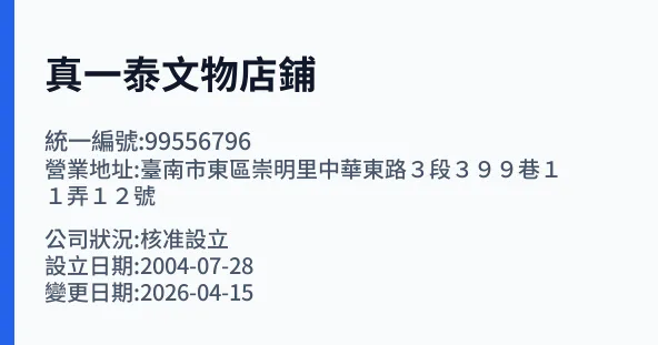 真一泰文物店鋪的照片-統編 99556796(臺南市) 公司登記資料與營業項目詳細圖表
