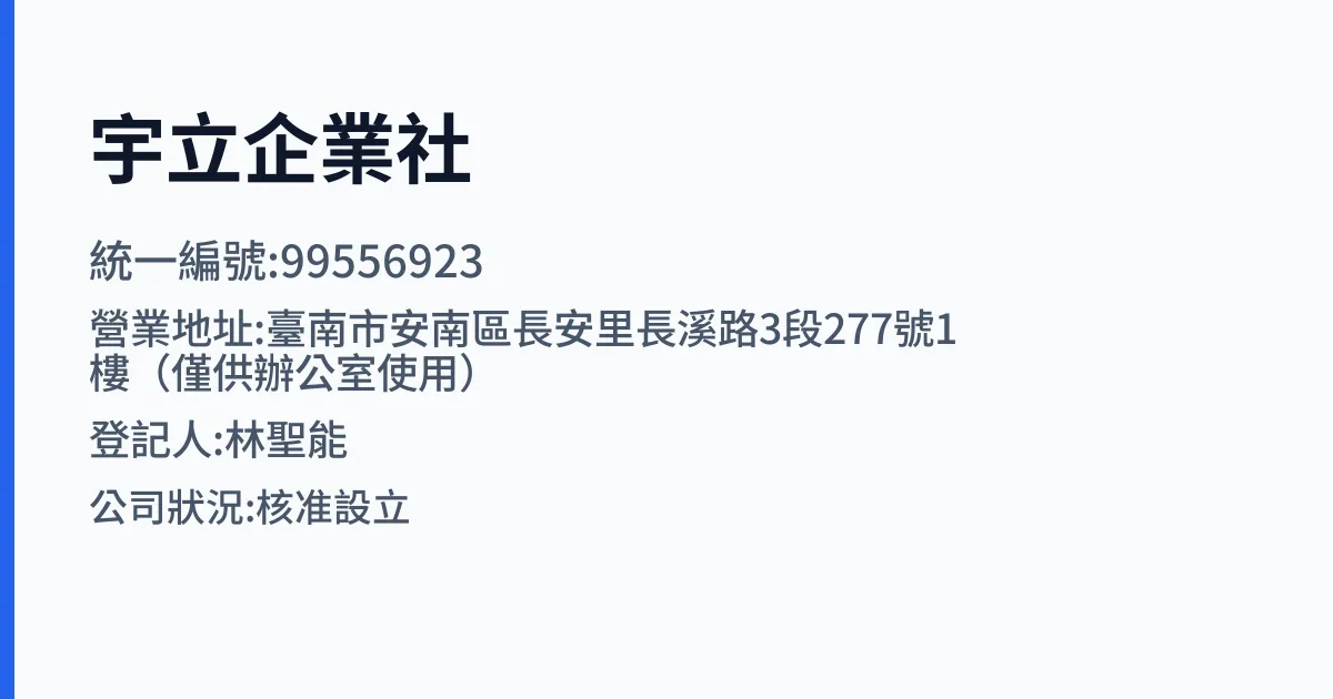 宇立企業社 - 統編 99556923(臺南市) 公司登記資料與營業項目詳細圖表