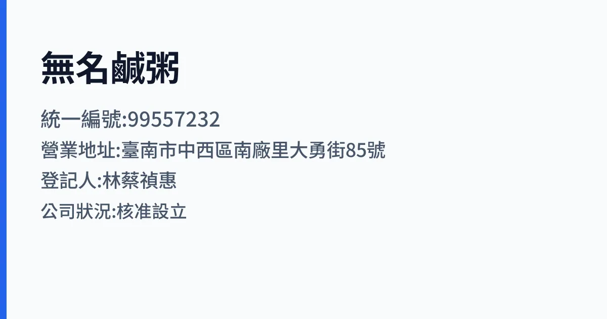 無名鹹粥 - 統編 99557232(臺南市) 公司登記資料與營業項目詳細圖表
