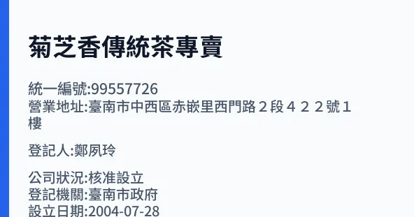 菊芝香傳統茶專賣的照片-統編 99557726(臺南市) 公司登記資料與營業項目詳細圖表