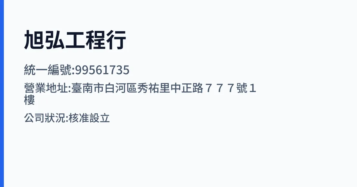旭弘工程行 - 統編 99561735(臺南市) 公司登記資料與營業項目詳細圖表