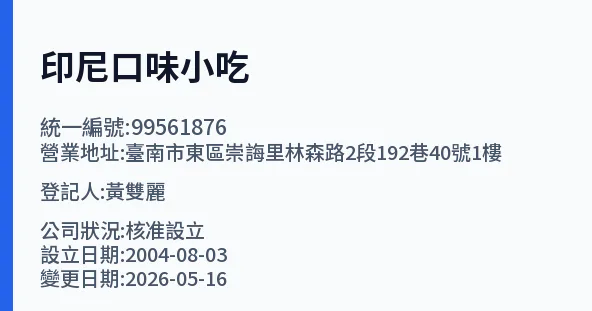 印尼口味小吃的照片-統編 99561876(臺南市) 公司登記資料與營業項目詳細圖表