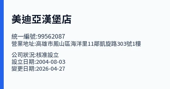 美迪亞漢堡店的照片-統編 99562087(高雄市) 公司登記資料與營業項目詳細圖表