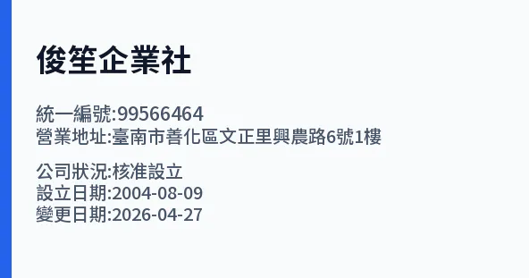 俊笙企業社的照片-統編 99566464(臺南市) 公司登記資料與營業項目詳細圖表