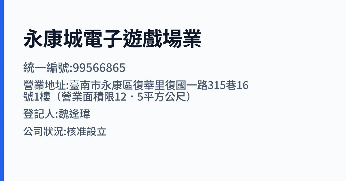 永康城電子遊戲場業 - 統編 99566865(臺南市) 公司登記資料與營業項目詳細圖表