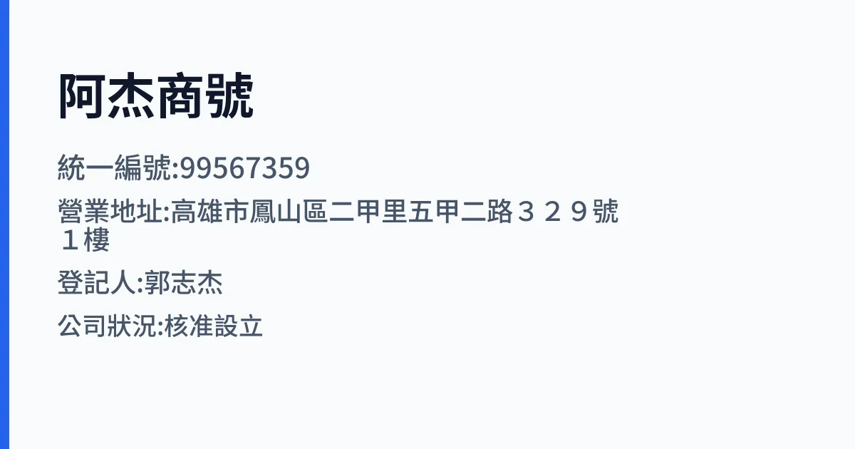 阿杰商號 - 統編 99567359(高雄市) 公司登記資料與營業項目詳細圖表