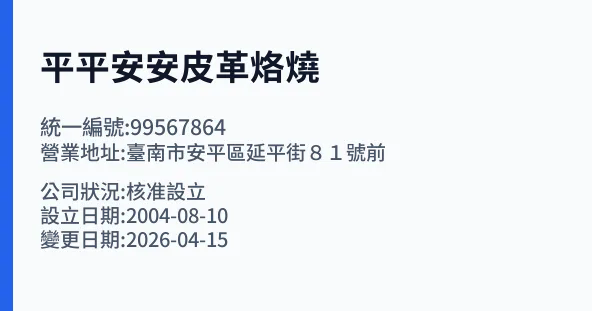 平平安安皮革烙燒的照片-統編 99567864(臺南市) 公司登記資料與營業項目詳細圖表
