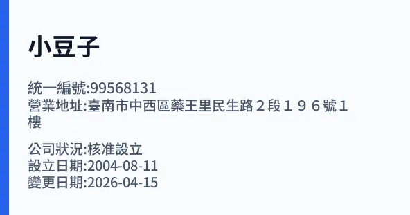 小豆子的照片-統編 99568131(臺南市) 公司登記資料與營業項目詳細圖表