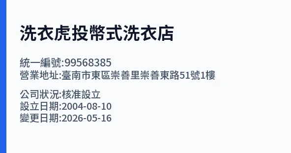 洗衣虎投幣式洗衣店的照片-統編 99568385(臺南市) 公司登記資料與營業項目詳細圖表