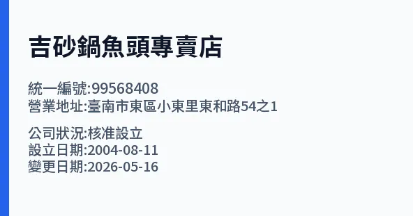 吉砂鍋魚頭專賣店的照片-統編 99568408(臺南市) 公司登記資料與營業項目詳細圖表