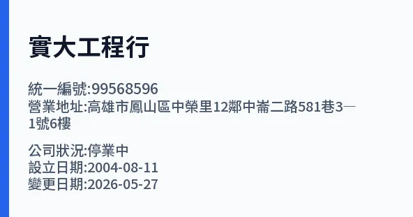 實大工程行的照片-統編 99568596(高雄市) 公司登記資料與營業項目詳細圖表