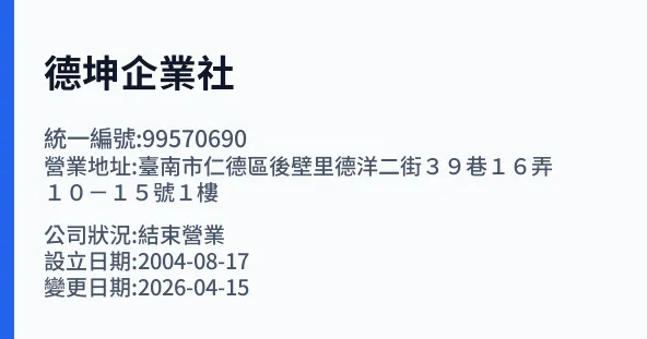 德坤企業社的照片-統編 99570690(臺南市) 公司登記資料與營業項目詳細圖表