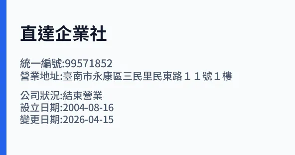 直達企業社的照片-統編 99571852(臺南市) 公司登記資料與營業項目詳細圖表