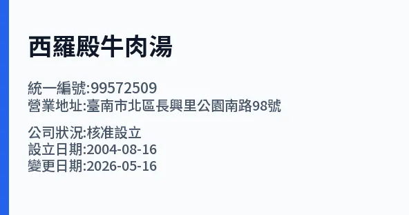 西羅殿牛肉湯的照片-統編 99572509(臺南市) 公司登記資料與營業項目詳細圖表