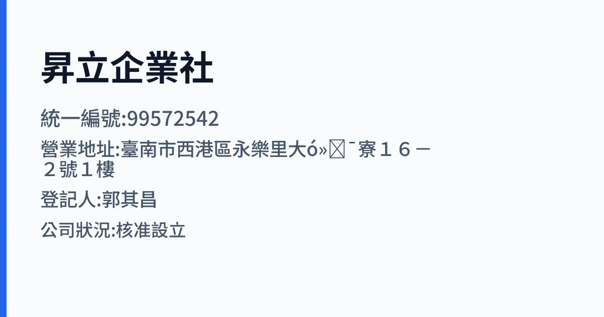 昇立企業社 - 統編 99572542(臺南市) 公司登記資料與營業項目詳細圖表
