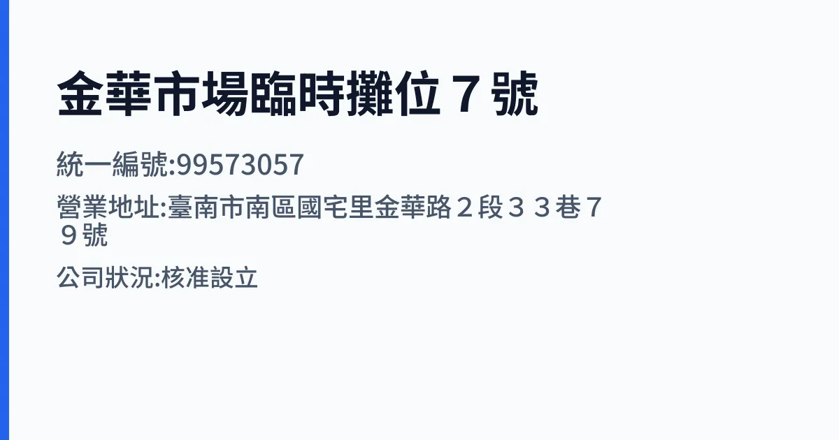 金華市場臨時攤位７號 - 統編 99573057(臺南市) 公司登記資料與營業項目詳細圖表